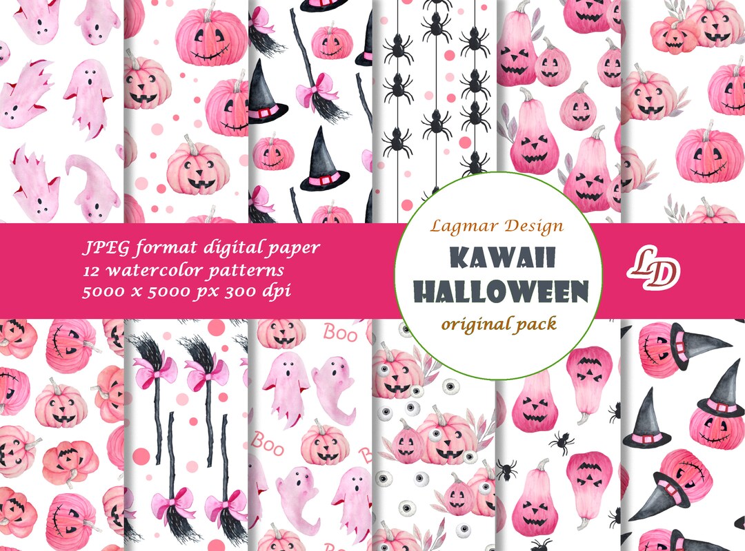 Kawaii Halloween Digital Paper, Cute Pink Seamless Pattern Files, Witch ...