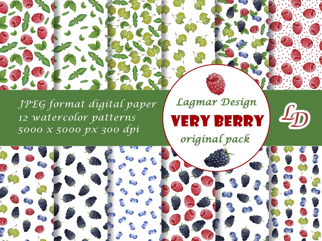 Watercolor Berry Digital Paper, Summer Food Digital Paper, Blueberry ...