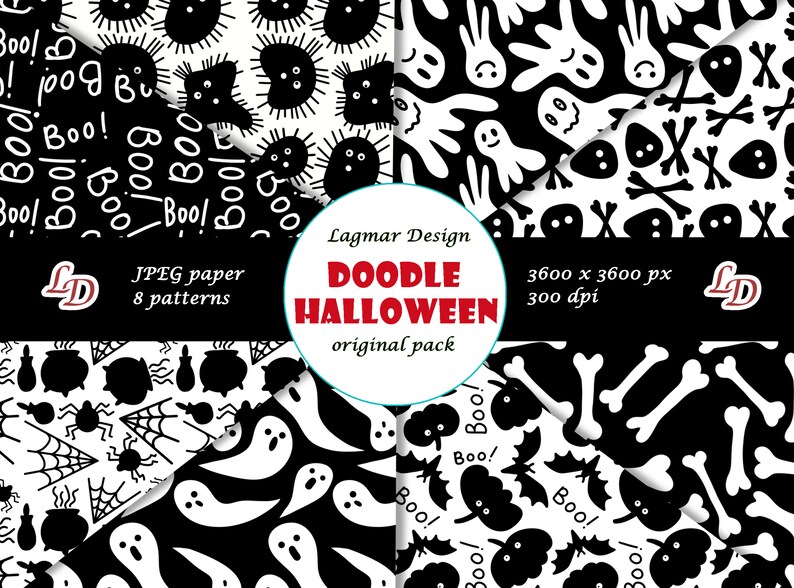 Black White Halloween Digital Paper Cute Seamless Pattern - Etsy