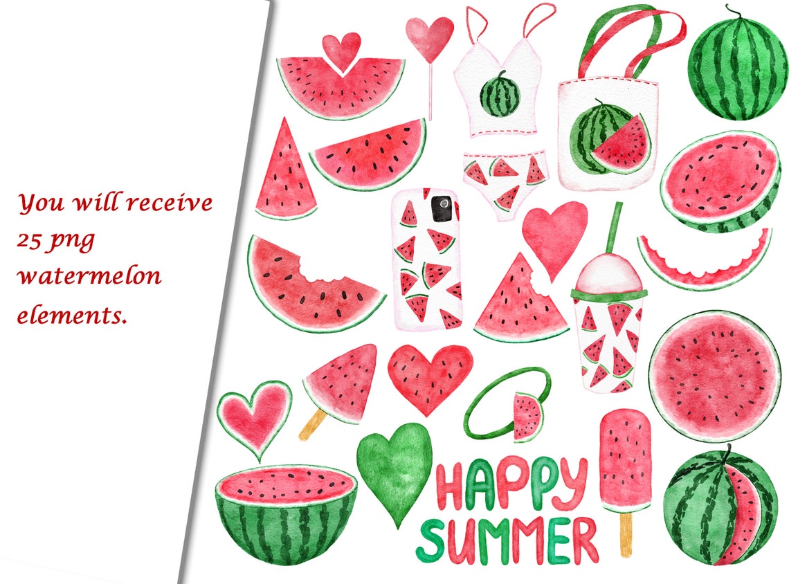 Watermelon Clipart Watercolor Clip Art Png File Happy Summer - Etsy