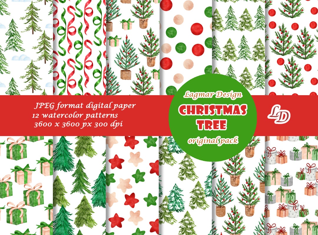 Christmas Tree Digital Paper, Watercolor Winter Seamless Pattern File ...