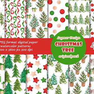 Christmas Tree Digital Paper, Watercolor Winter Seamless Pattern File ...