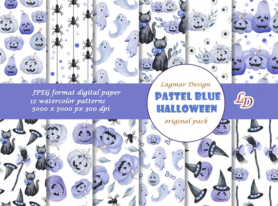 Pastel Blue Halloween Digital Paper Fall Seamless Pattern - Etsy