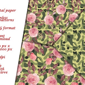 Floral Camo Digital Paper, Watercolor Pink Roses Seamless Pattern Files ...