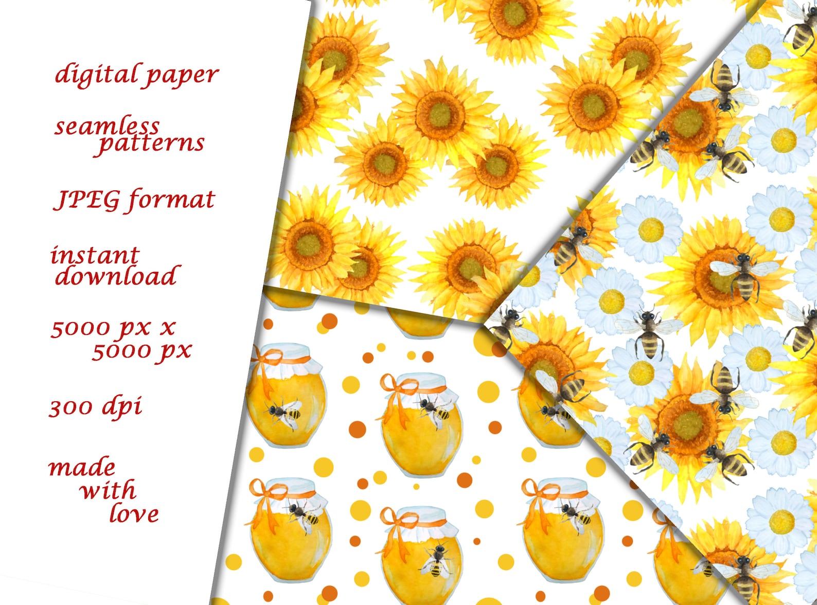 Bee Digital Paper Honey Sunflower Seamless Pattern File - Etsy