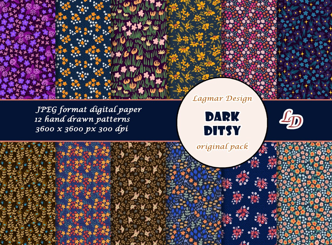 Dark Ditsy Digital Paper, Floral Seamless Pattern File, Flower Bouquet ...