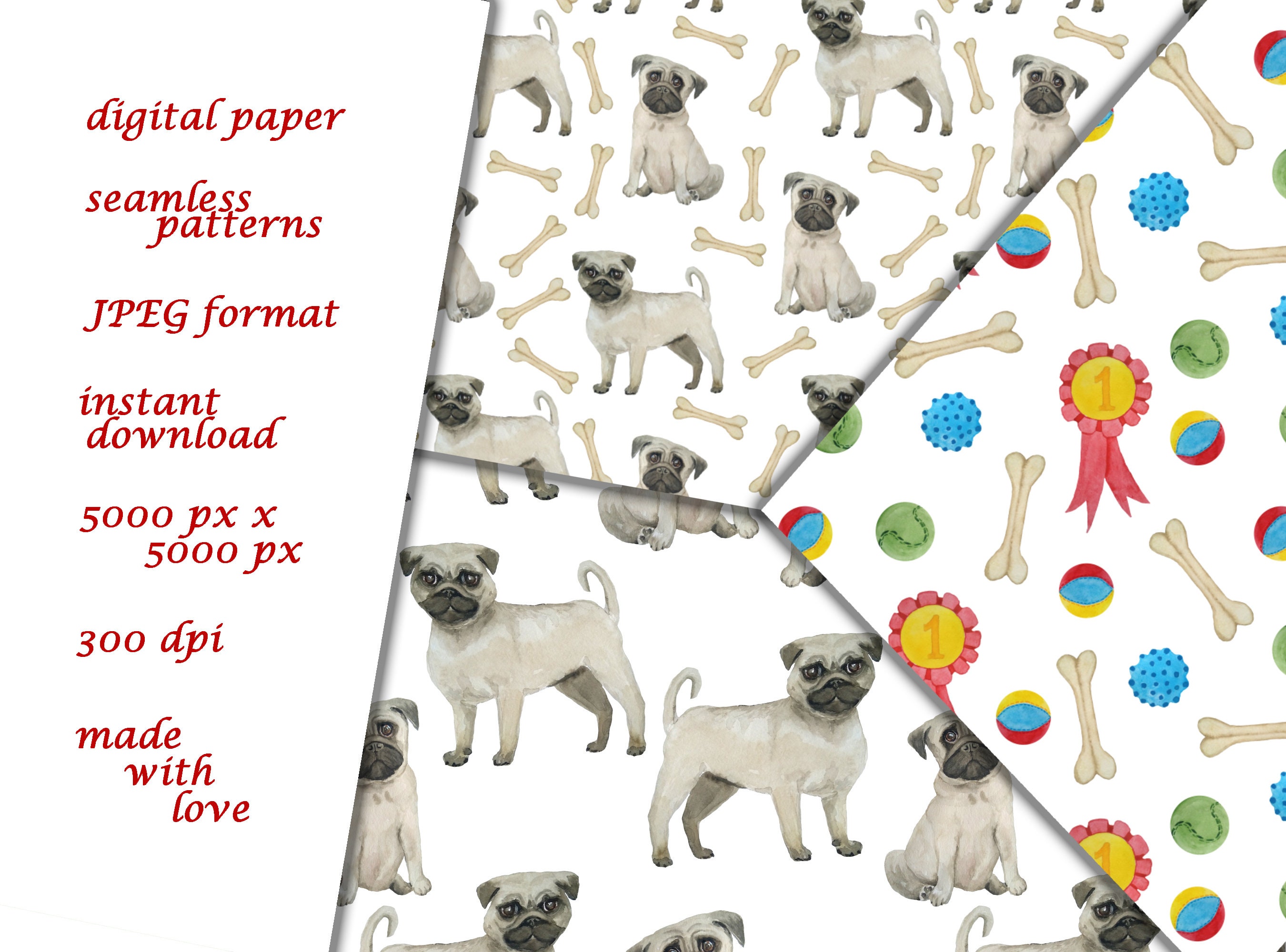 Pug digital paper / Pet dog digital paper / Kawaii seamless | Etsy