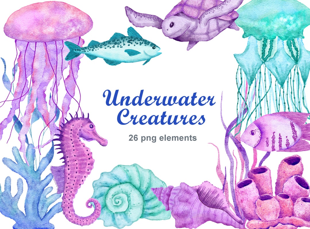 Nautical Sea Clipart, Beach Png File, Pastel Jellyfish Seahorse Fish ...