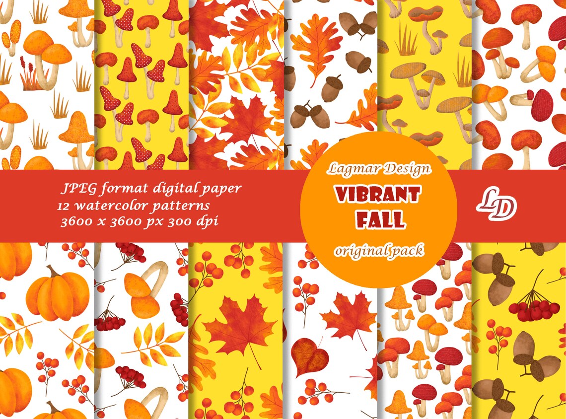 Forest Mushroom Digital Paper, Fall Autumn Leaves Berries Seamless ...