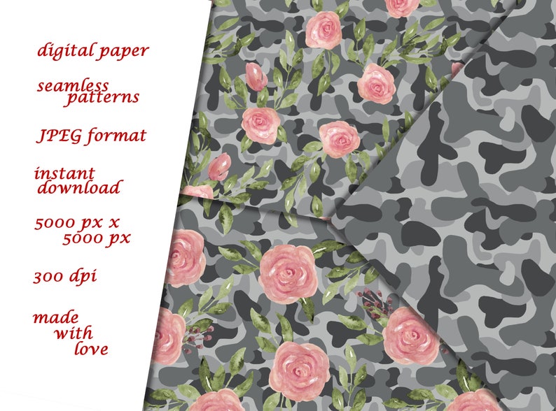 Floral camo digital paper / Watercolor floral digital paper | Etsy