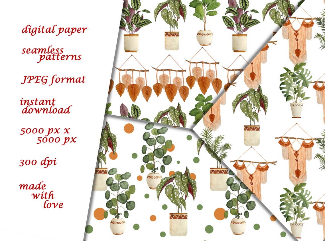 Digital Plants Paper, Potted House Plants Digital Paper, Macrame ...