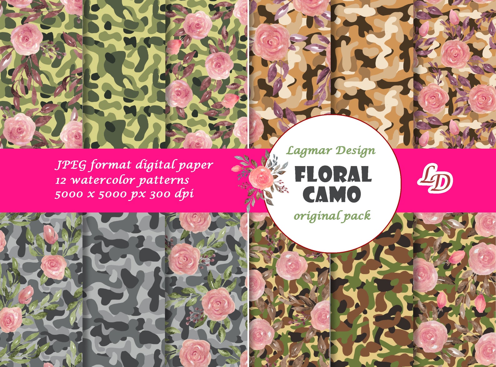 Floral Camo Digital Paper Watercolor Pink Roses Seamless - Etsy