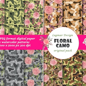 Floral Camo Digital Paper, Watercolor Pink Roses Seamless Pattern Files ...