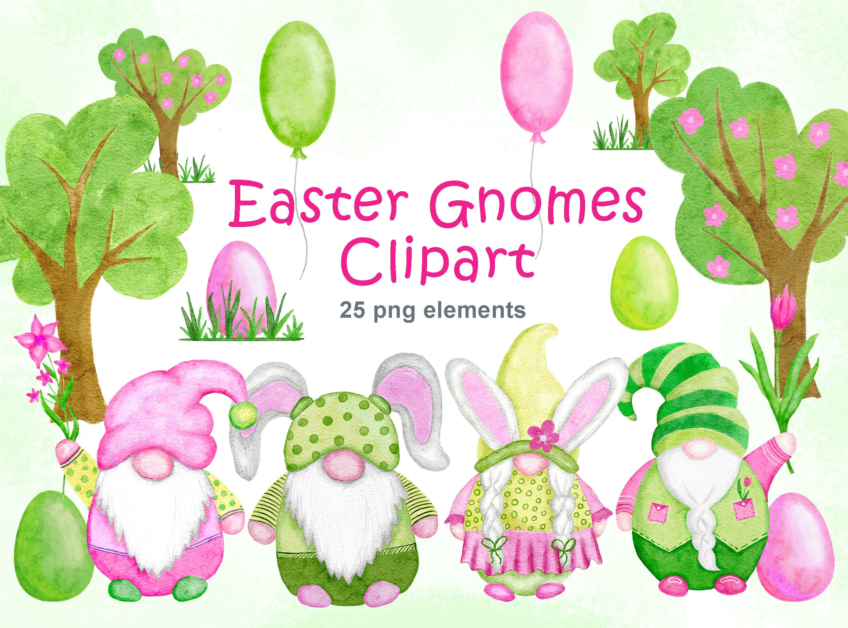Easter Gnomes Clipart, Easter Eggs Trees Flowers Clip Art, Pastel ...
