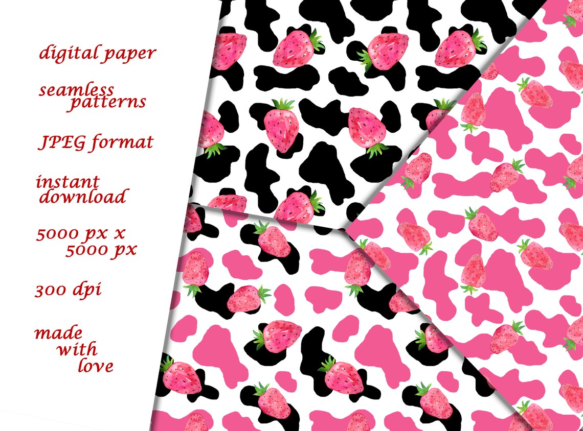 Pastel Pink Strawberry Cow Digital Paper Summer Berry - Etsy