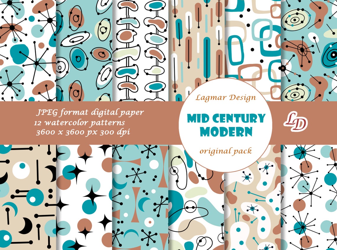 Mid Century Modern Digital Paper, 50s 60s Seamless Pattern File ...