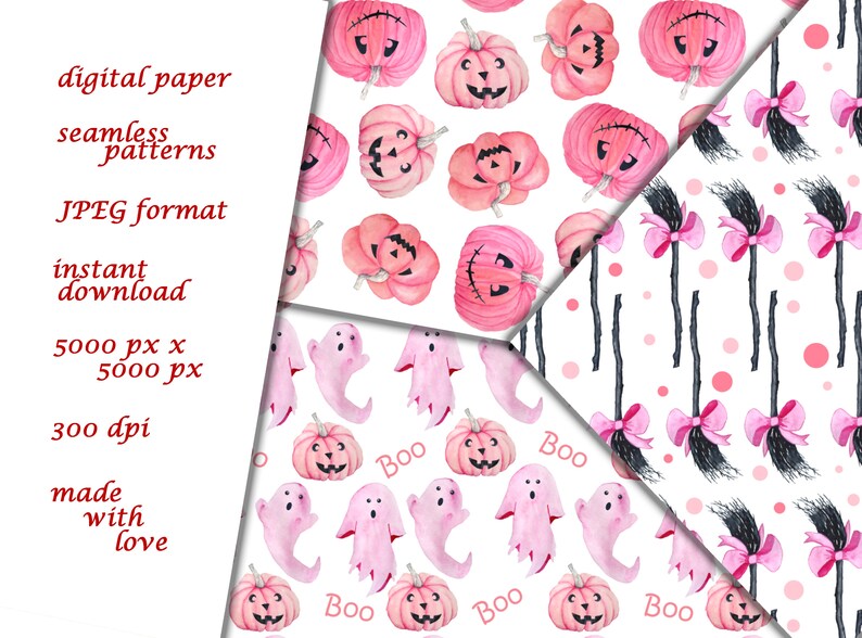 Kawaii Halloween Digital Paper, Cute Pink Seamless Pattern Files, Witch ...