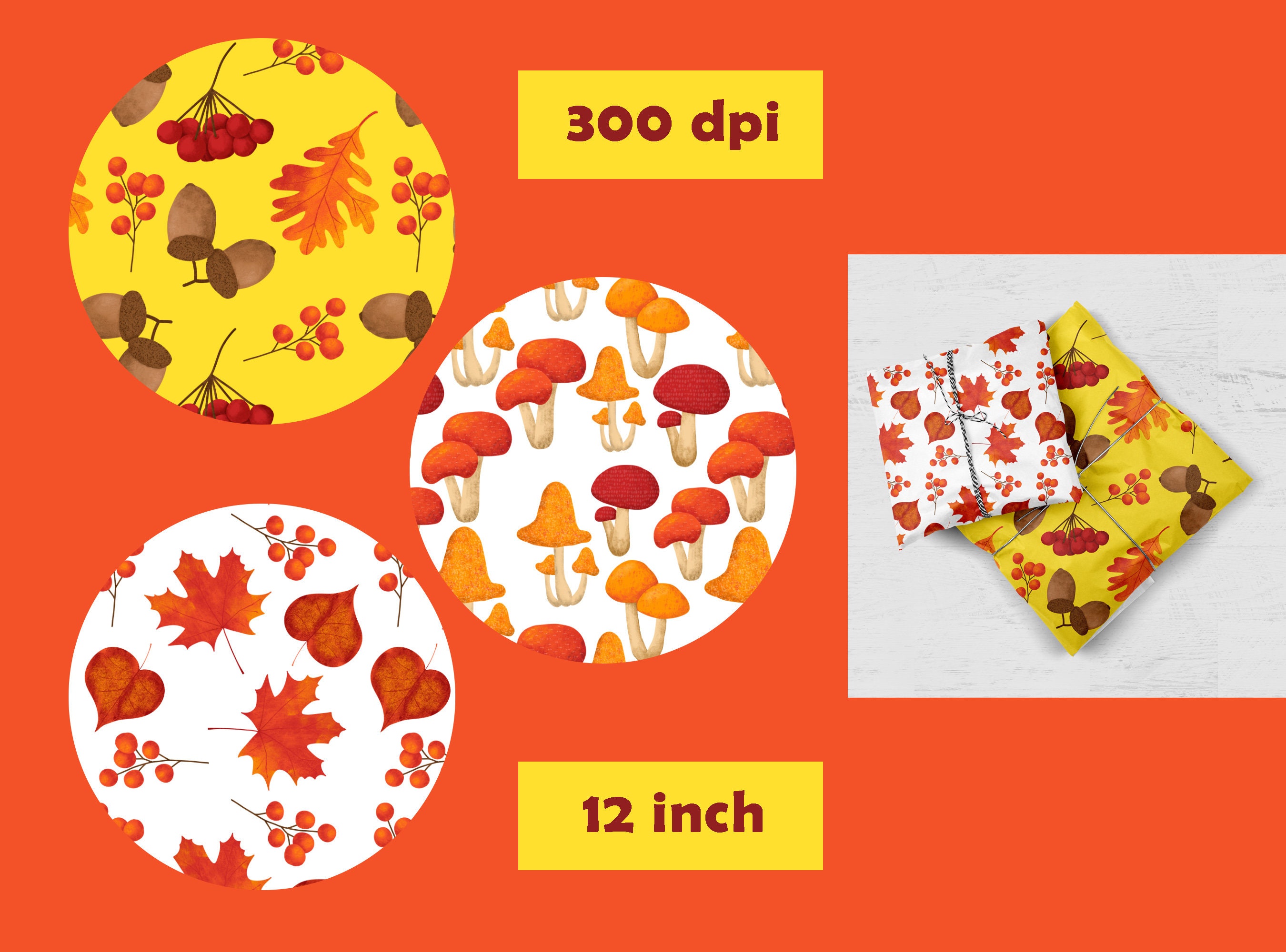 Forest Mushroom Digital Paper, Fall Autumn Leaves Berries Seamless ...
