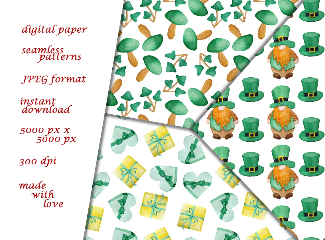 St Patricks Digital Paper, Shamrock Digital Paper, Leprechaun Gnome, St ...