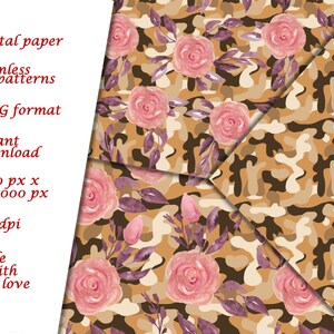 Floral Camo Digital Paper, Watercolor Pink Roses Seamless Pattern Files ...
