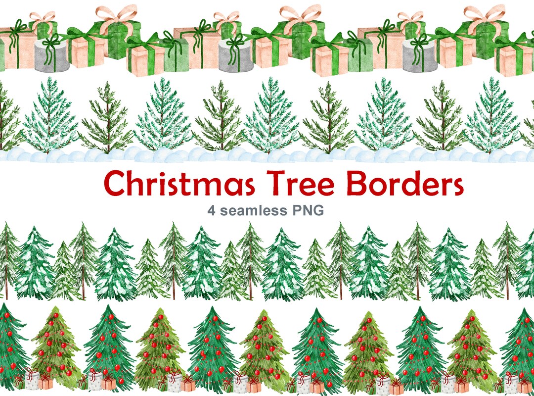 Christmas Tree PNG Seamless Border, Watercolor Winter Clipart, Holiday ...
