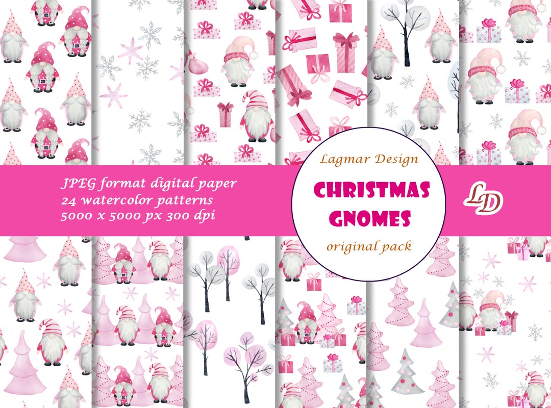 Pink Christmas Gnomes Digital Paper, Nordic Scandinavian Gnomes ...