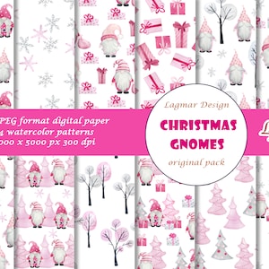 Pink Christmas Gnomes Digital Paper, Nordic Scandinavian Gnomes ...