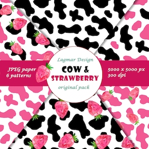 Pastel Pink Strawberry Cow Digital Paper, Summer Berry Seamless Pattern ...