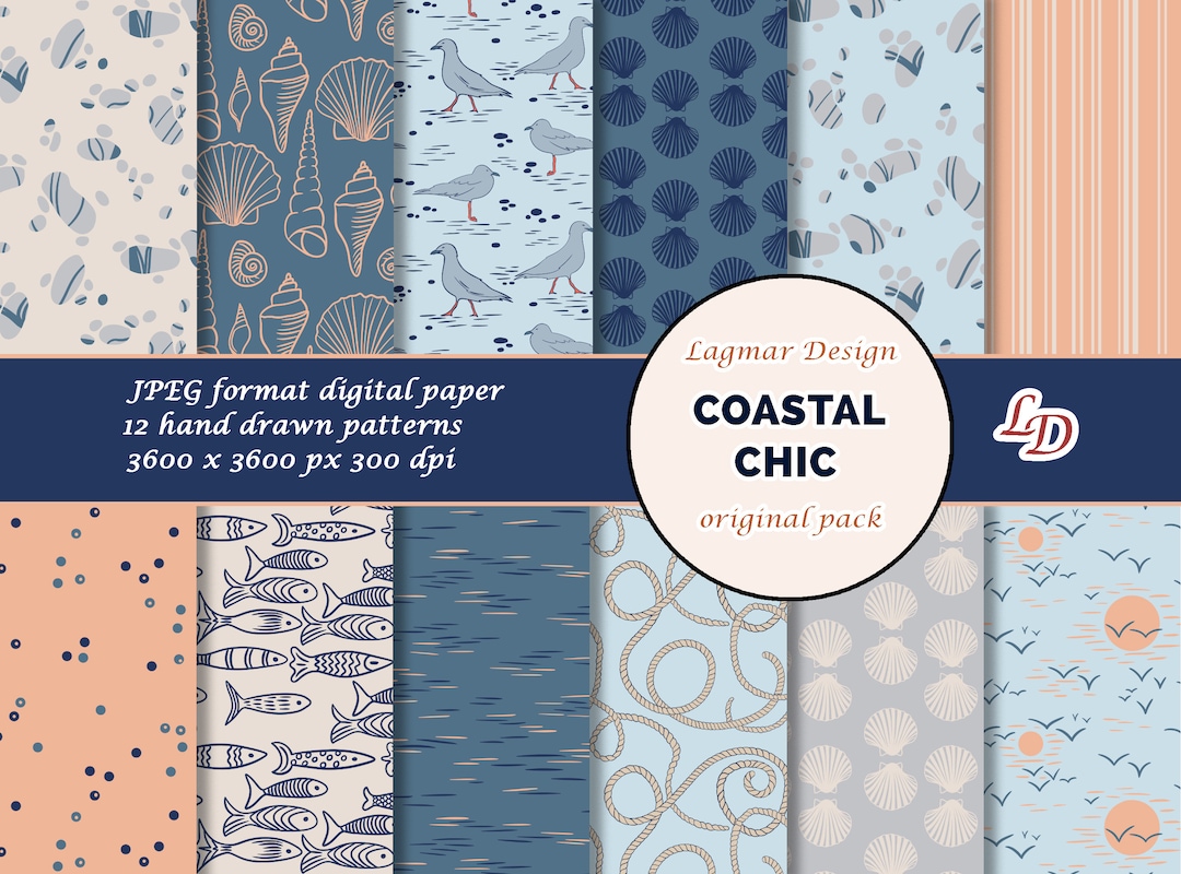 Coastal Beach Digital Paper, Summer Nautical Seamless Pattern File, Sea ...