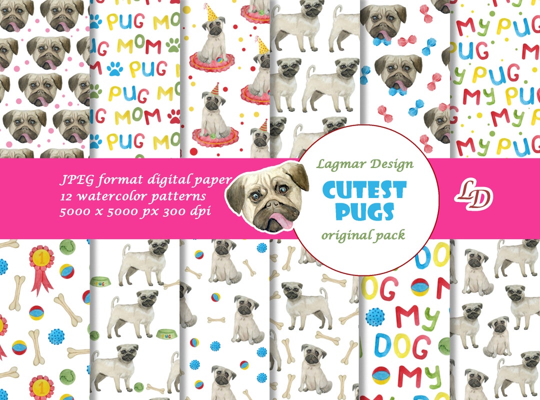 Pug Digital Paper, Pet Dog Digital Paper, Kawaii Seamless Pattern File ...