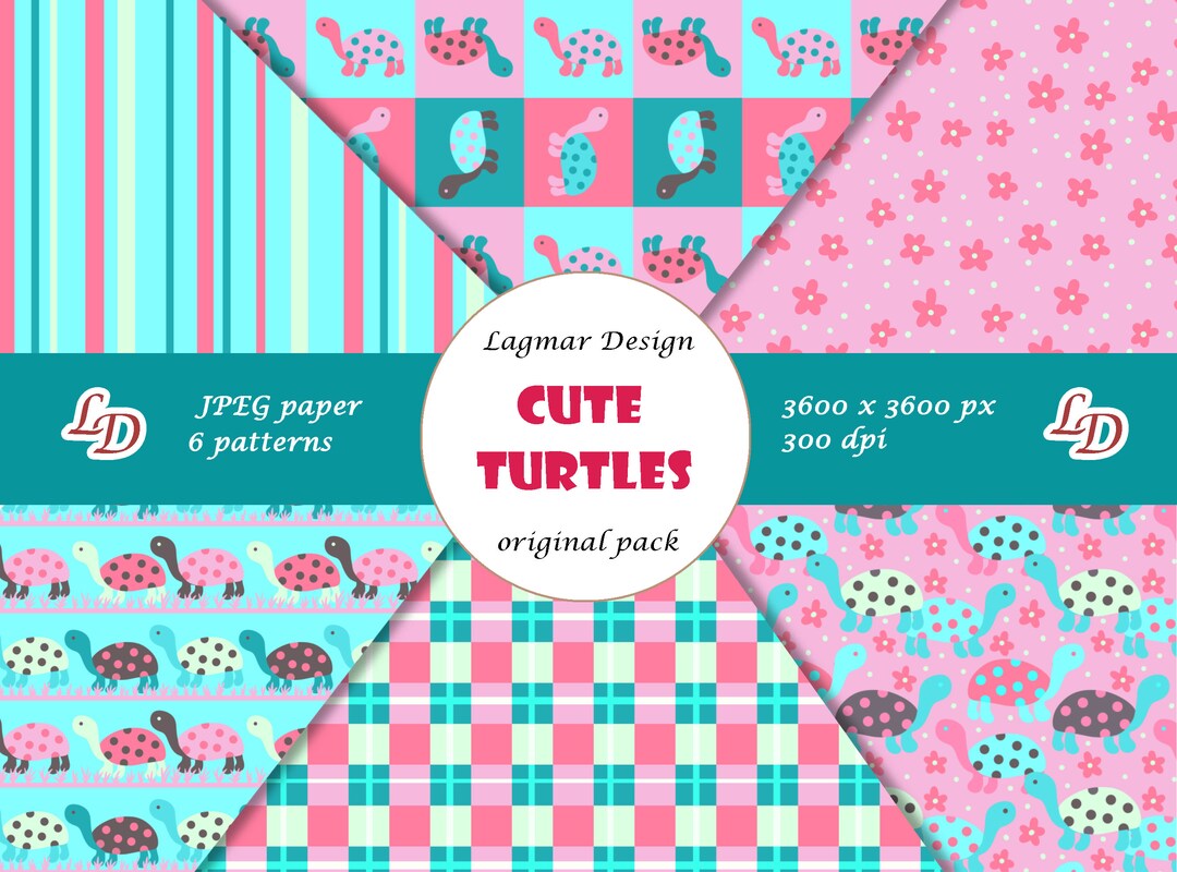 Turtle Digital Paper, Tortoise Seamless Pattern File, Checkered Flower ...