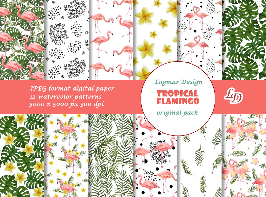 Tropical Flamingo Digital Paper, Summer Pink Tropic Digital Paper ...