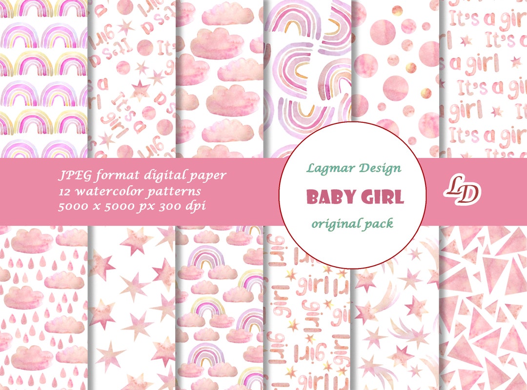 Baby Girl Digital Paper, Baby Shower Blush Digital Paper, Rainbow ...