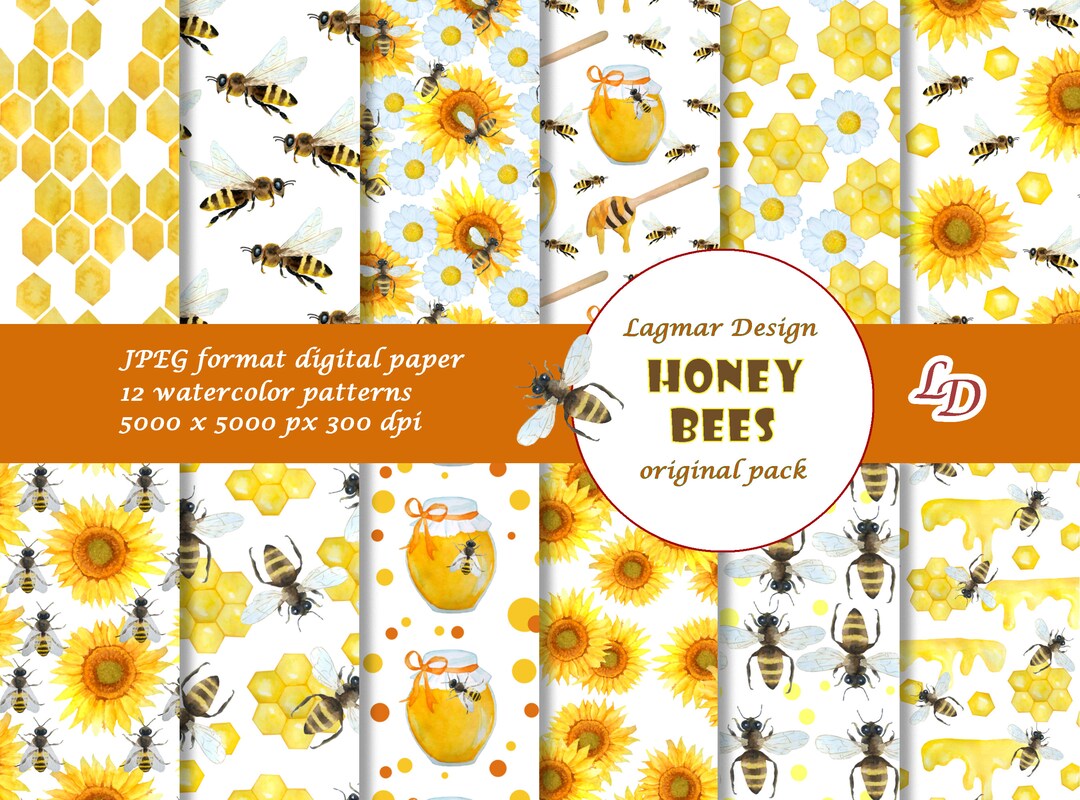 Bee Digital Paper, Honey Sunflower Seamless Pattern File, Bumble Bee ...
