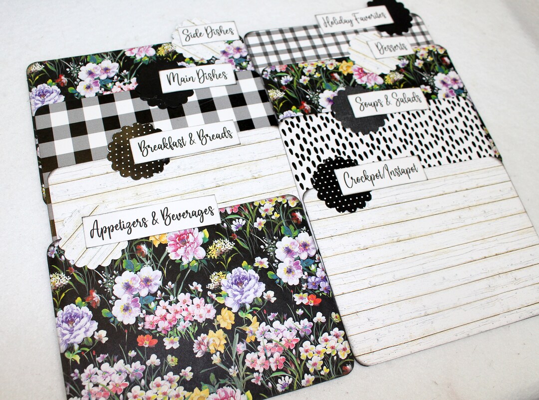 Recipe Dividers, Floral Recipe Dividers, Black and White Recipe ...