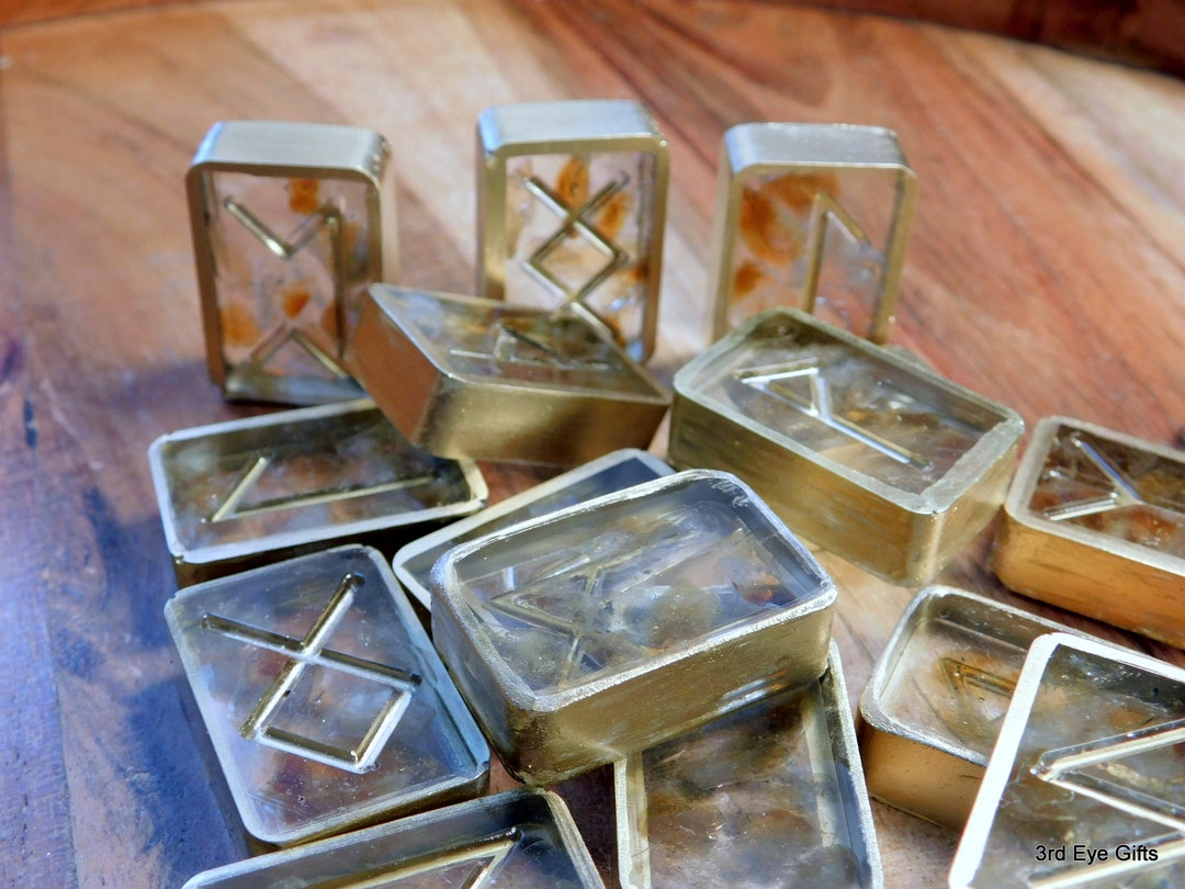 Citrine Yellow Quartz Rune Set, Elder Futhark Golden Gilded Fortune ...