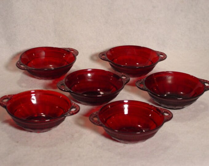 SET OF 6 ~ 1930's Ruby Red Depression Glass Berry Bowls ~ Coronation ...