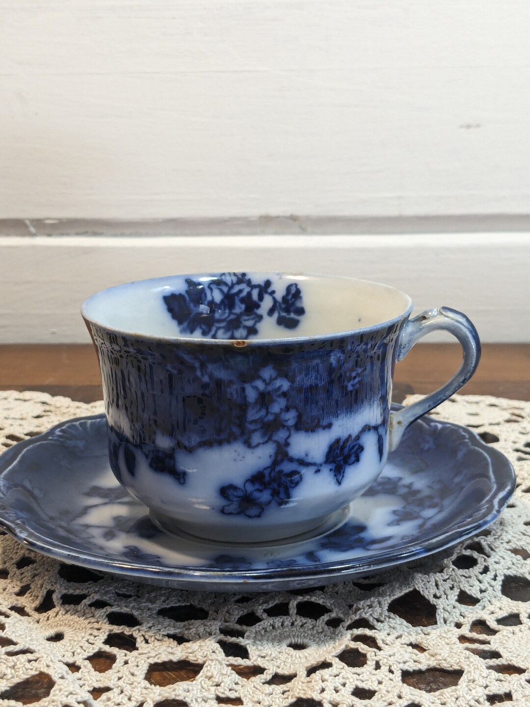 Antique Flow Blue Semi Porcelain Tea Cup and Saucer Set / Brunswick New ...