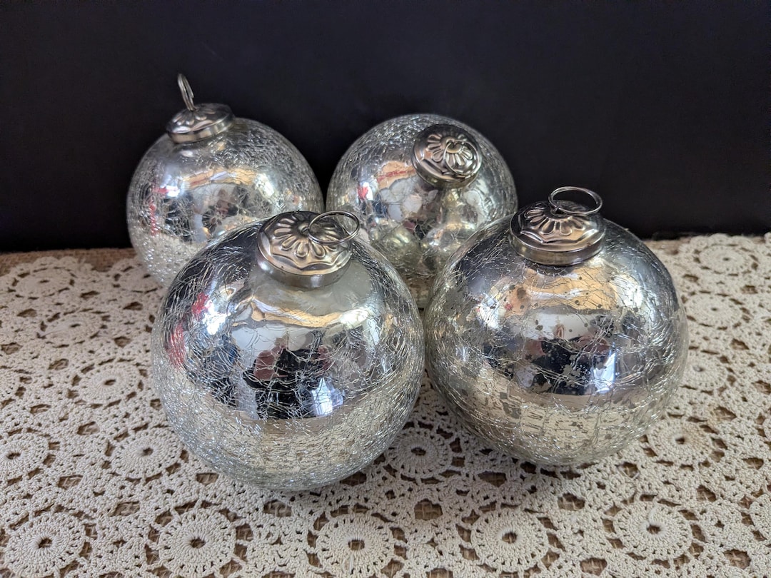 Four X-LARGE Krugel Style Crackled Glass Ornaments, Farmhouse Holiday ...