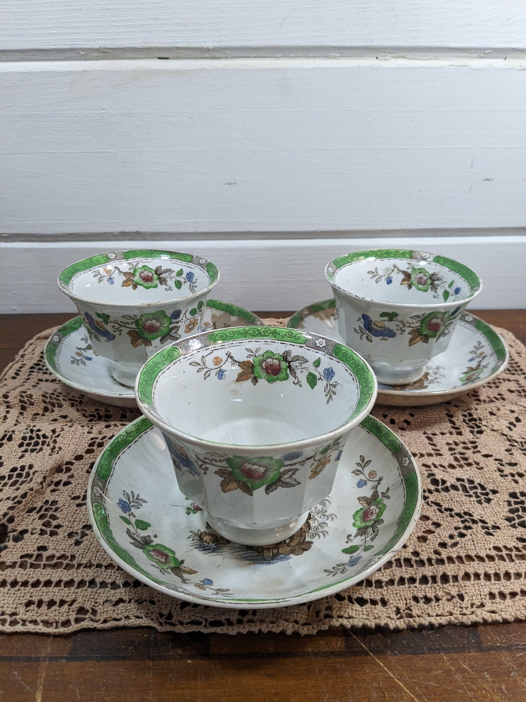 Three Antique Green Floral Polychrome Ironstone Handless Tea Cups and ...