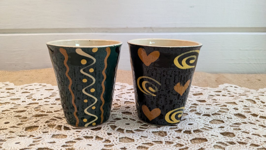 Two Vintage German Handmade and Painted Folk Art Pottery Cups / Pottery ...