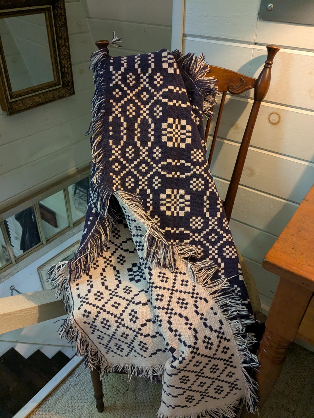 Indigo Blue & White Woven Cotton Throw Blanket - Colonial Farmhouse ...