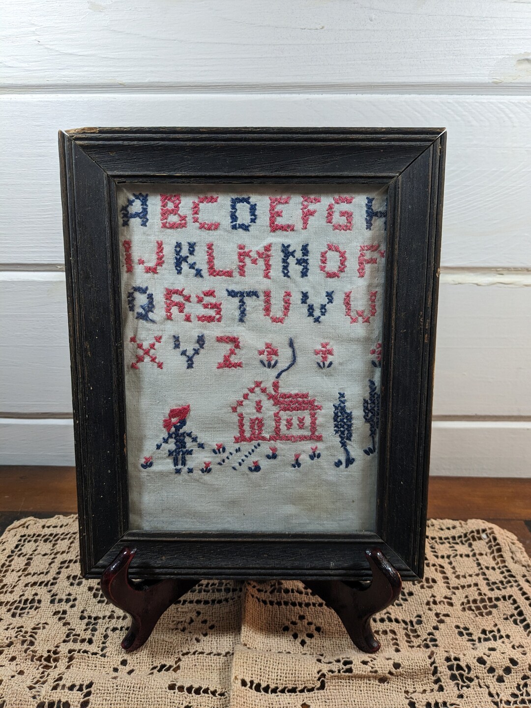 Vintage Alphabet Sampler / Needlepoint Embroidery Handmade Framed ...