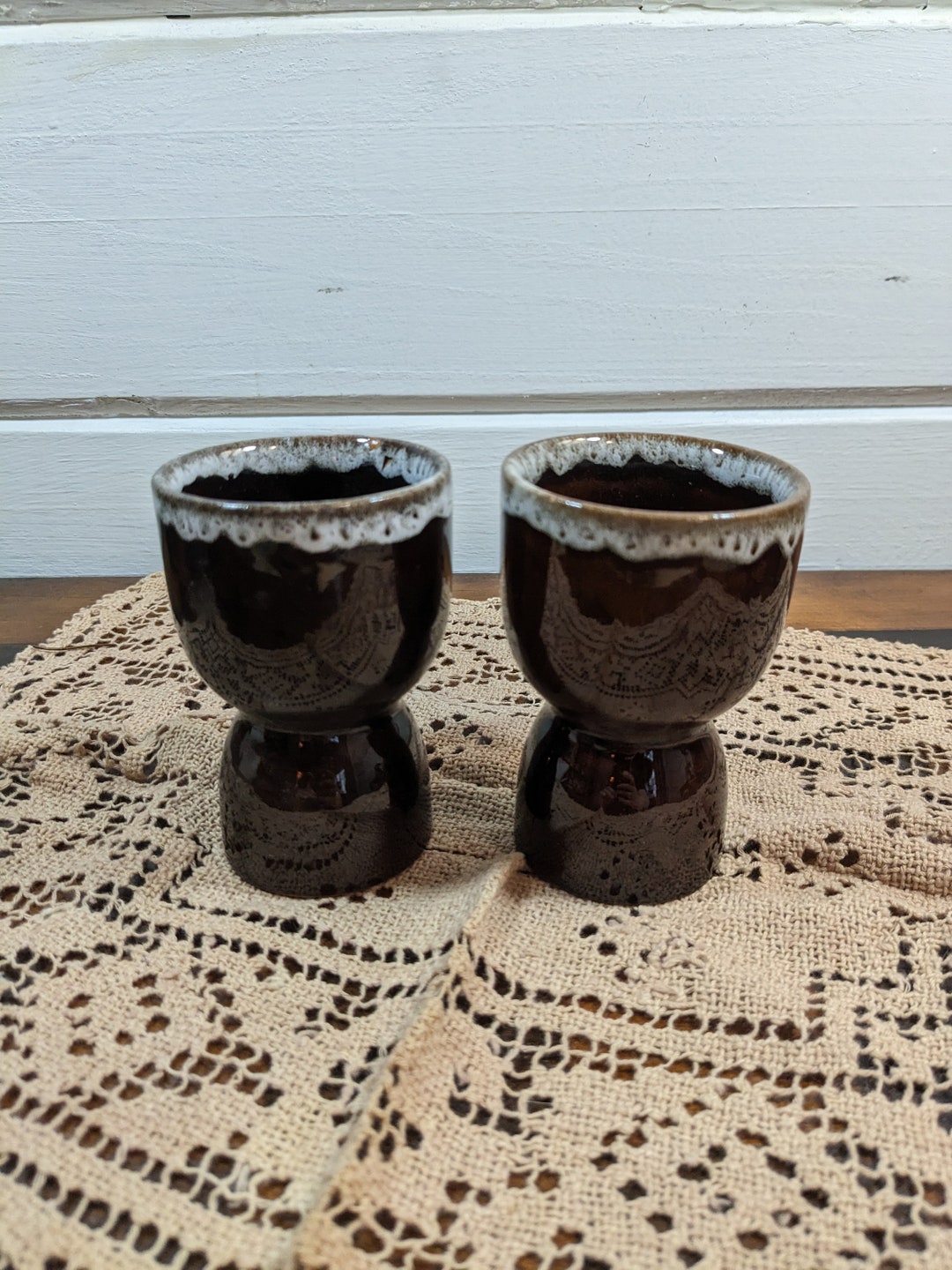 Vintage Set of 2 Brown Drip Double Egg Cups / Hull Pottery - Etsy