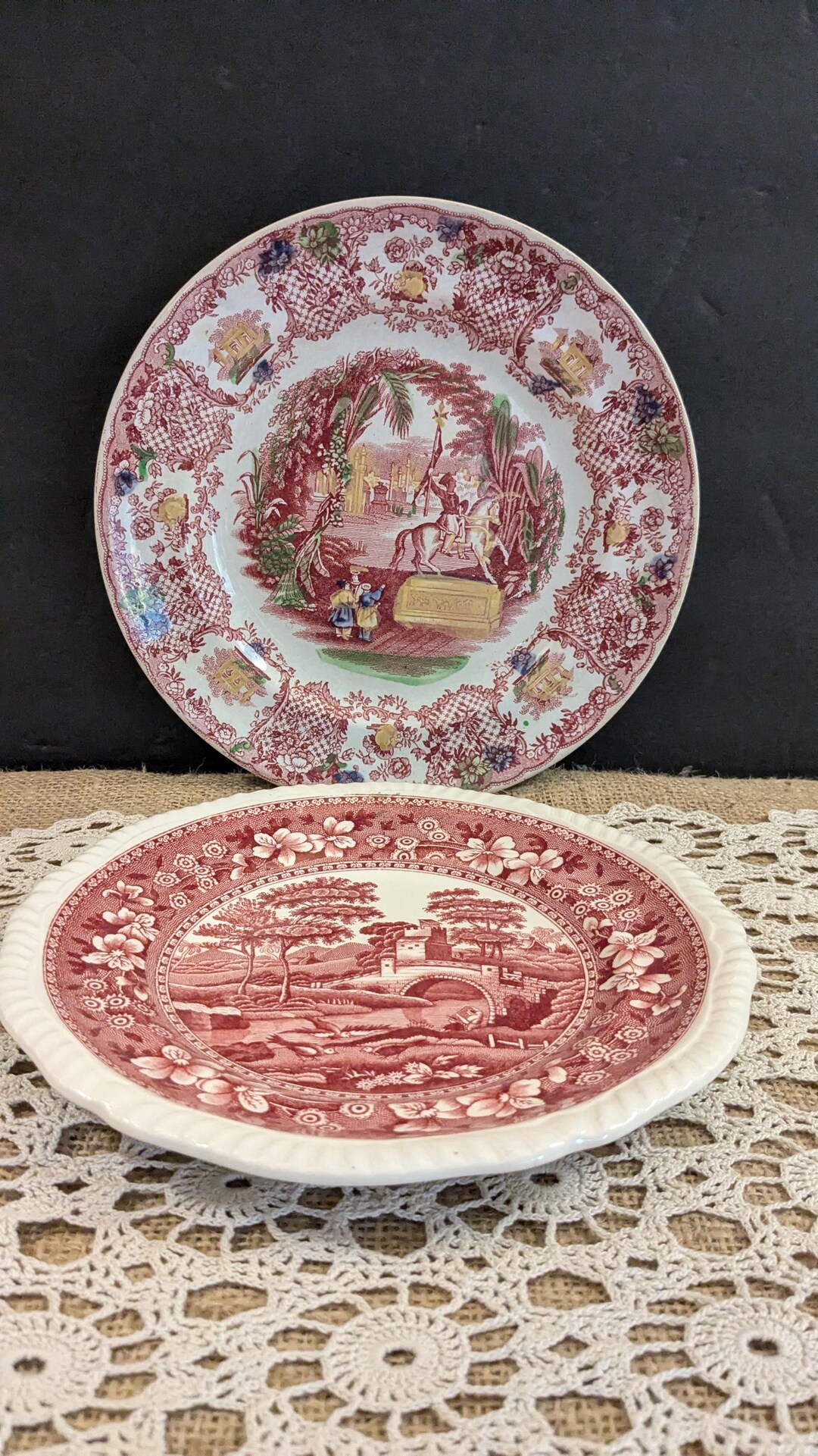 Pair of Red Transferware Mix Match Plates / Spode and Petrus Regout ...