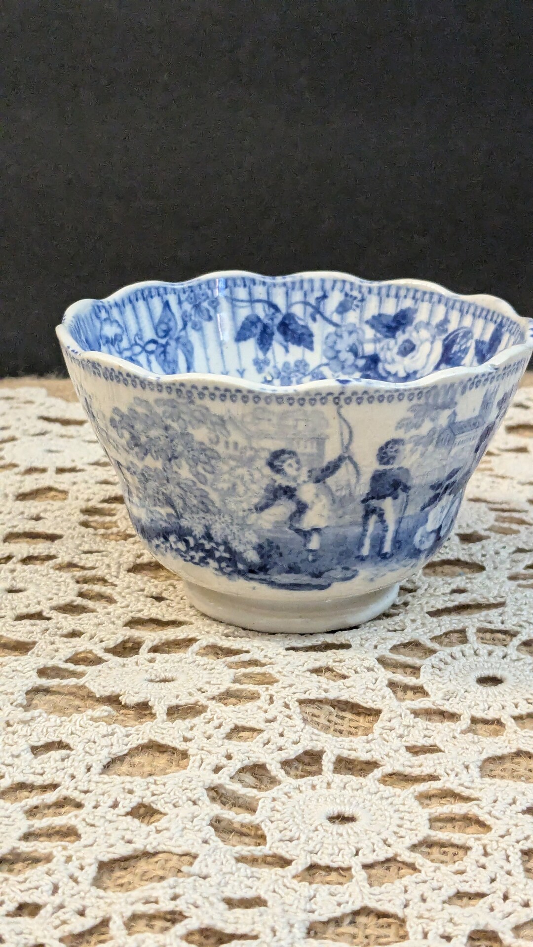 Antique Blue Floral Ironstone Handless Tea Cup / Waste Bowl / Soup Cup ...