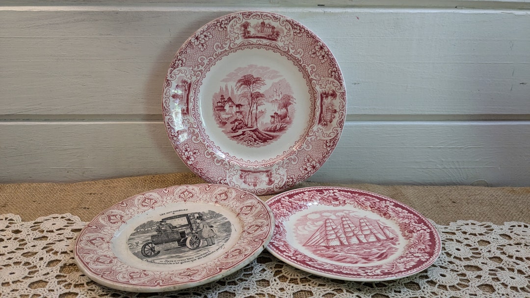 Three Antique Red Transferware Plates / English China Plates - Etsy