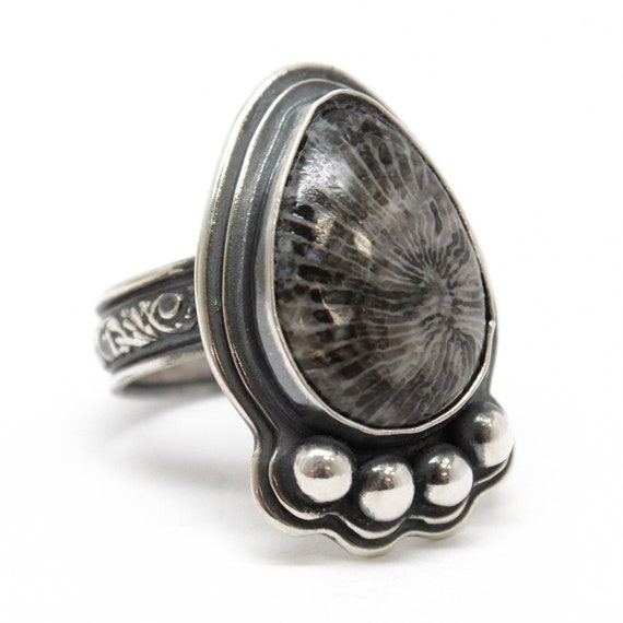 Fossil Coral Ring in Sterling Silver Size 8 US Handmade - Etsy