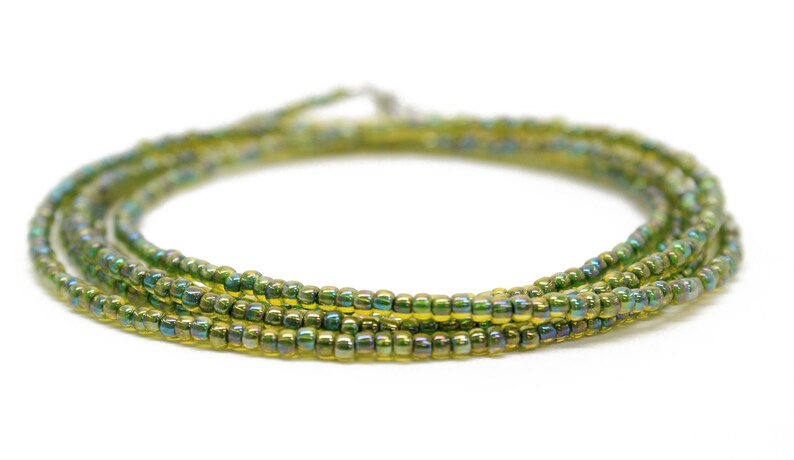 Jonquil Green Seed Bead Necklace, Thin 1.5mm Single Strand Green Beaded ...
