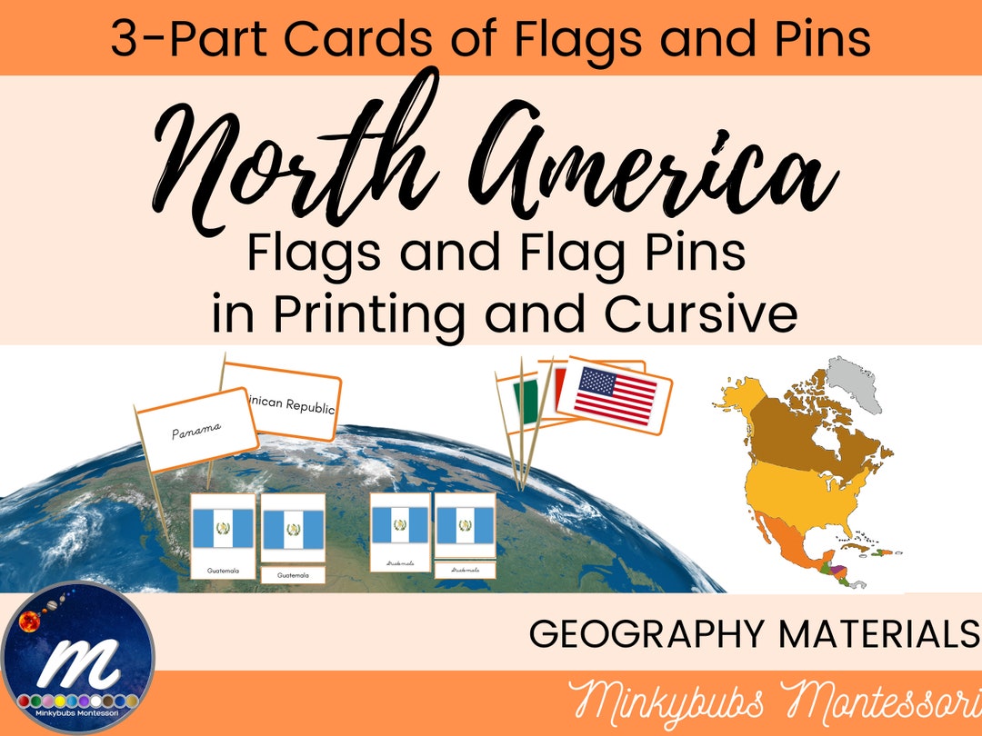 North America Country Flags and Map Pins With Flags and Labels in Print ...
